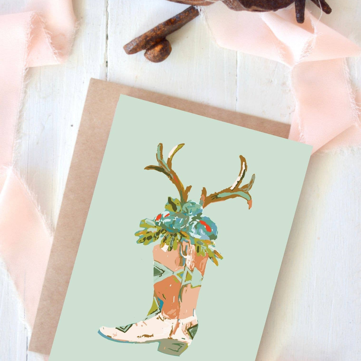 Western Blank Greeting Card, Antler and Cowboy Boot Card – Copper ...
